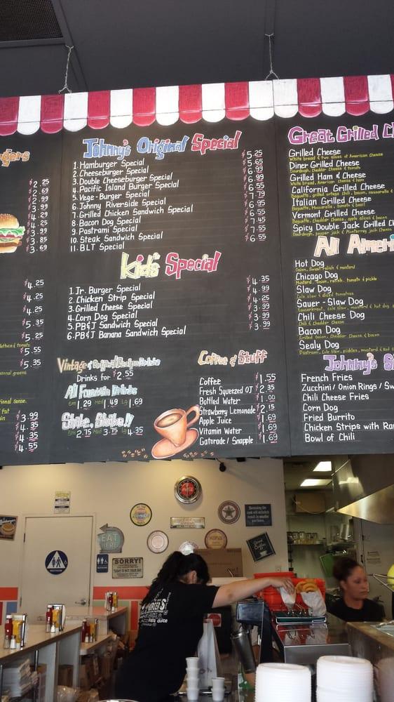 Menu at Johnny's Burgers restaurant, Riverside, Riverside Plaza Dr