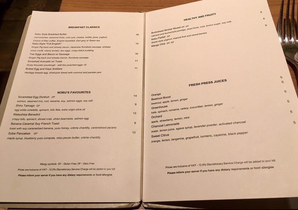 Menu at Nobu Restaurant London Shoreditch, London