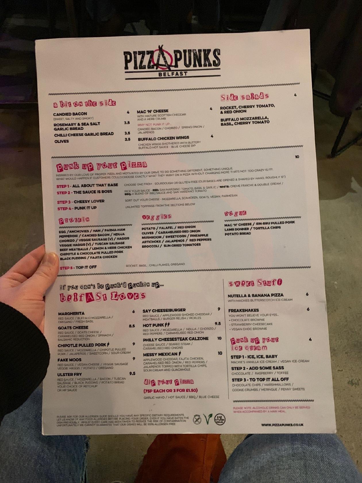 Menu at Pizza Punks Belfast pizzeria, Belfast, 20-22 Waring St
