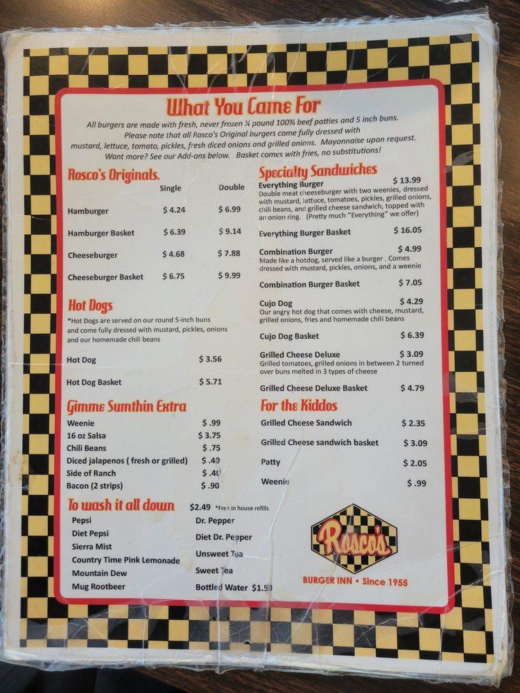 Menu at Rosco's Burger Inn restaurant, El Paso