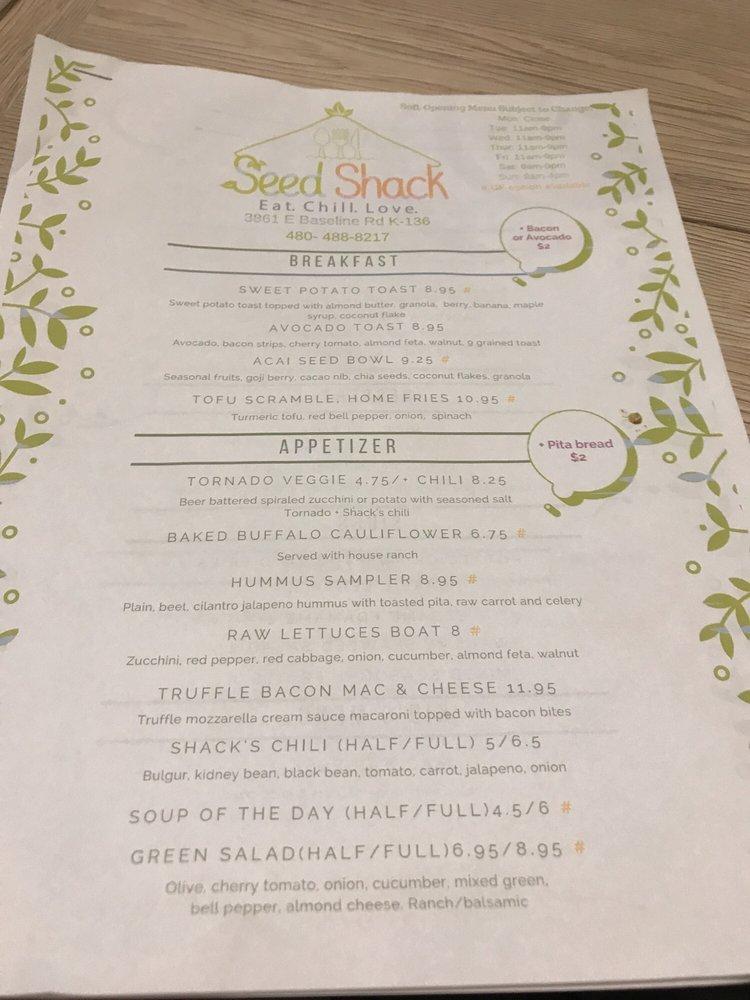 Menu at Seed Shack pub & bar, Gilbert