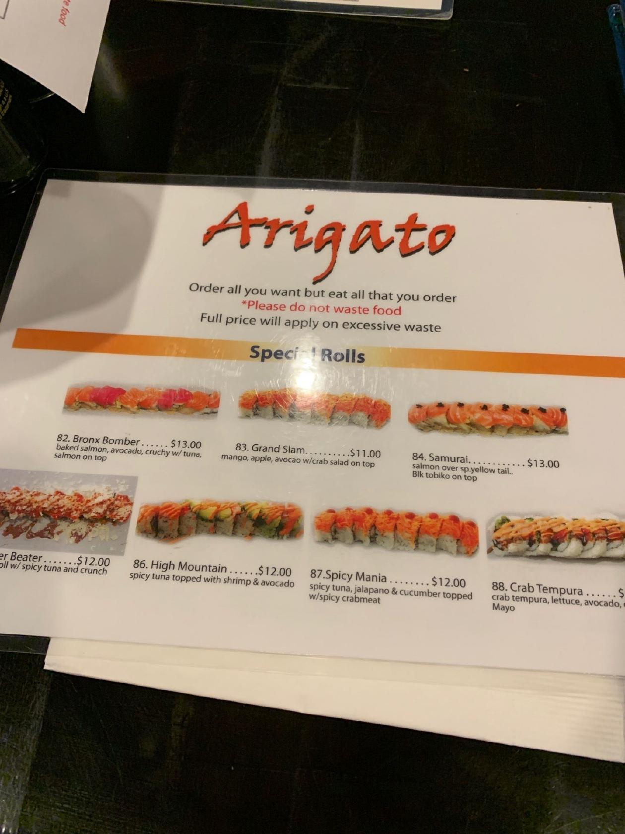 Menu at Arigato restaurant, Edgewater