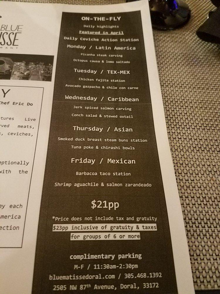 Carta del restaurante Blue Matisse, Doral