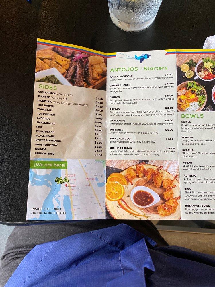 Menu at De Leon Latin Cocina restaurant, St. Augustine