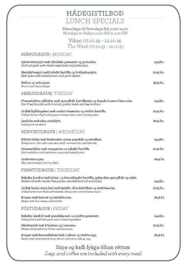 Menu at Geysir Bistro Reykjavík restaurant, Iceland
