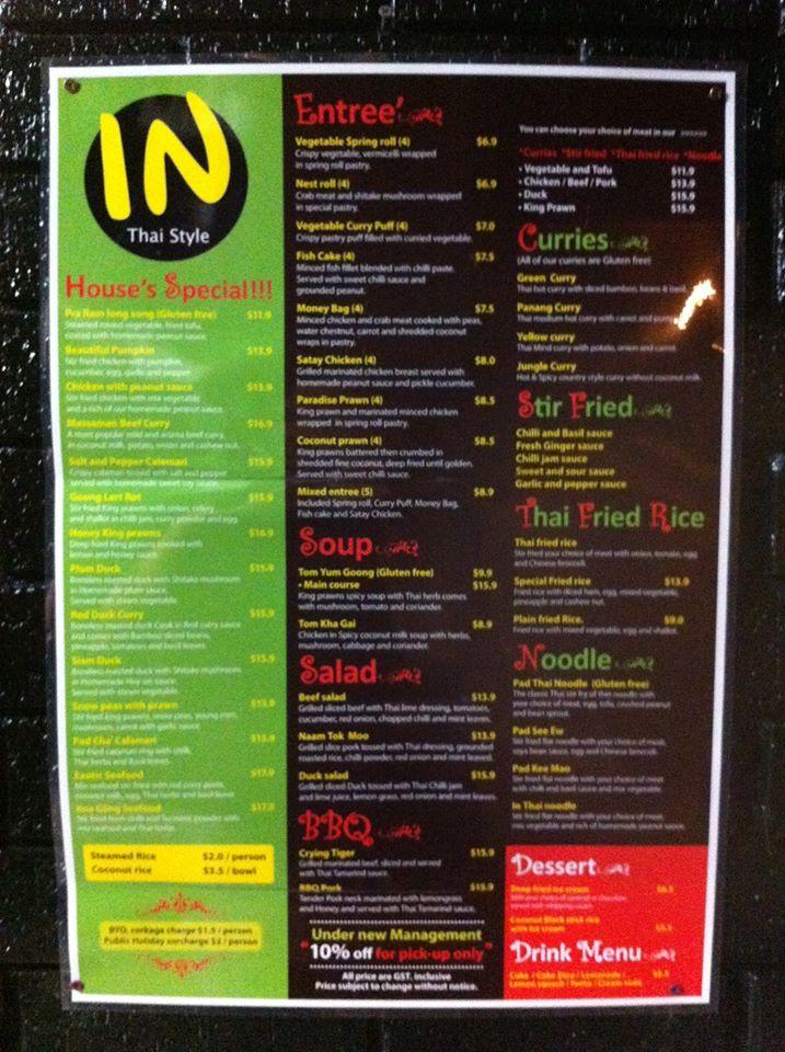 Menu at In Thai Style Restaurant, Wamberal