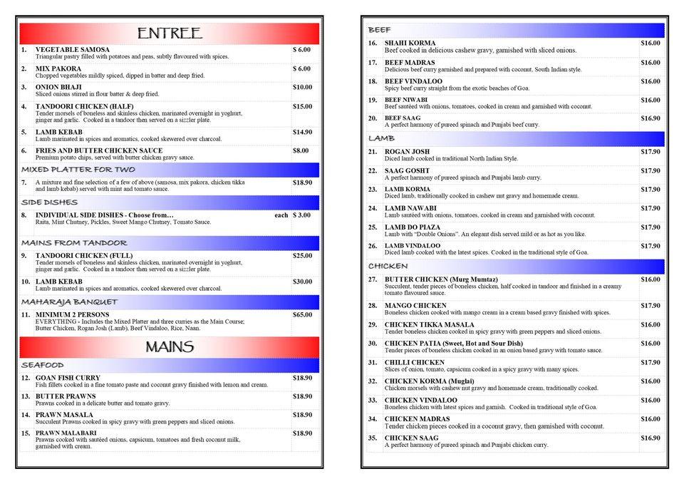 Menu at Indian Palace restaurant, Te Awamutu