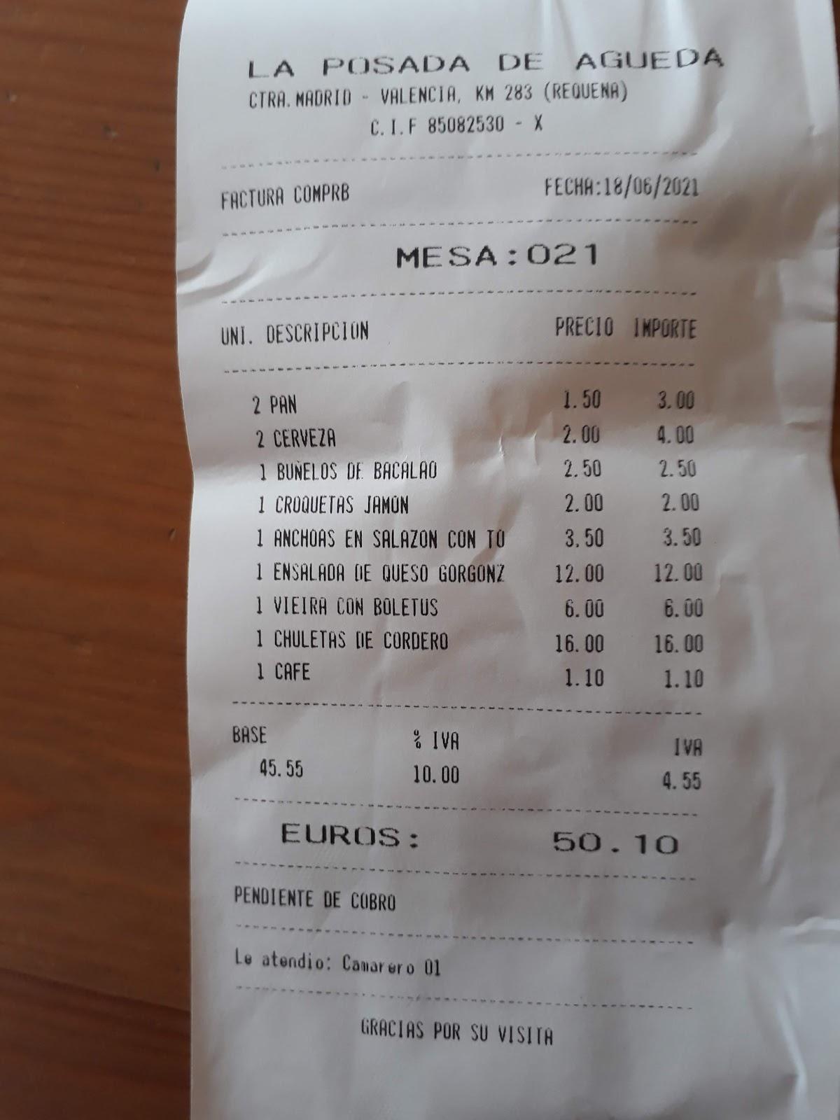 Carta del restaurante La Posada del Águeda, Requena, Carretera Nacional III