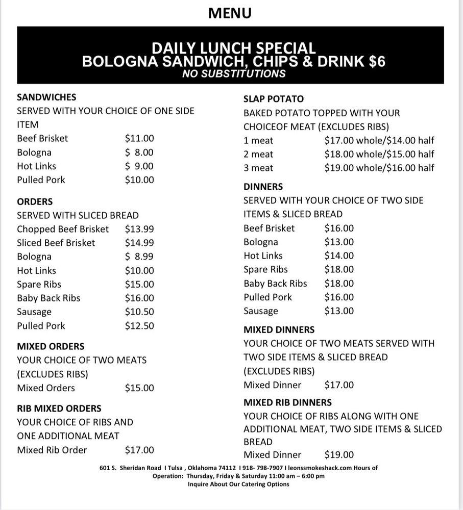 Menu at Leon's Smoke Shack Barbeque, Tulsa, 601 S Sheridan Rd