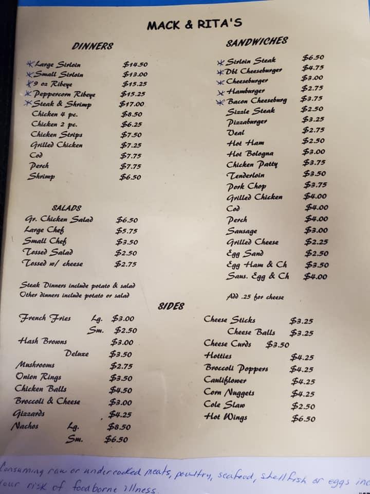 Menu at Mack & Rita's restaurant, Miller City