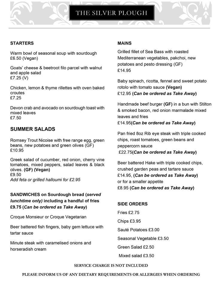 Menu at Silver Plough pub & bar, Pitton and Farley