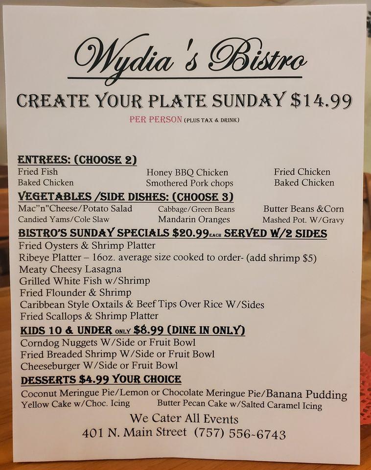 Menu at Wydia's Seafood and Steakhouse, Franklin