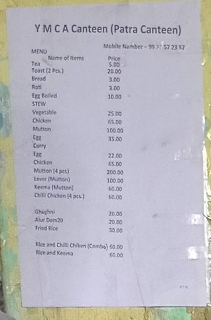 Menu at YMCA Canteen, Kolkata