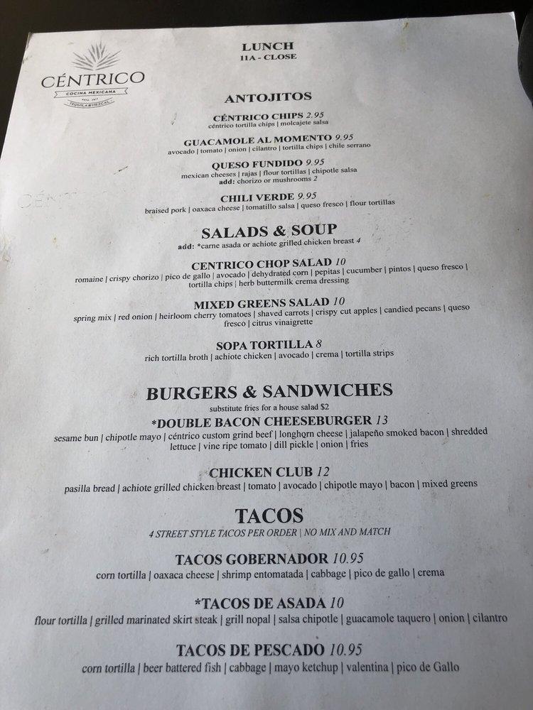 Menu at Centrico pub & bar, Phoenix