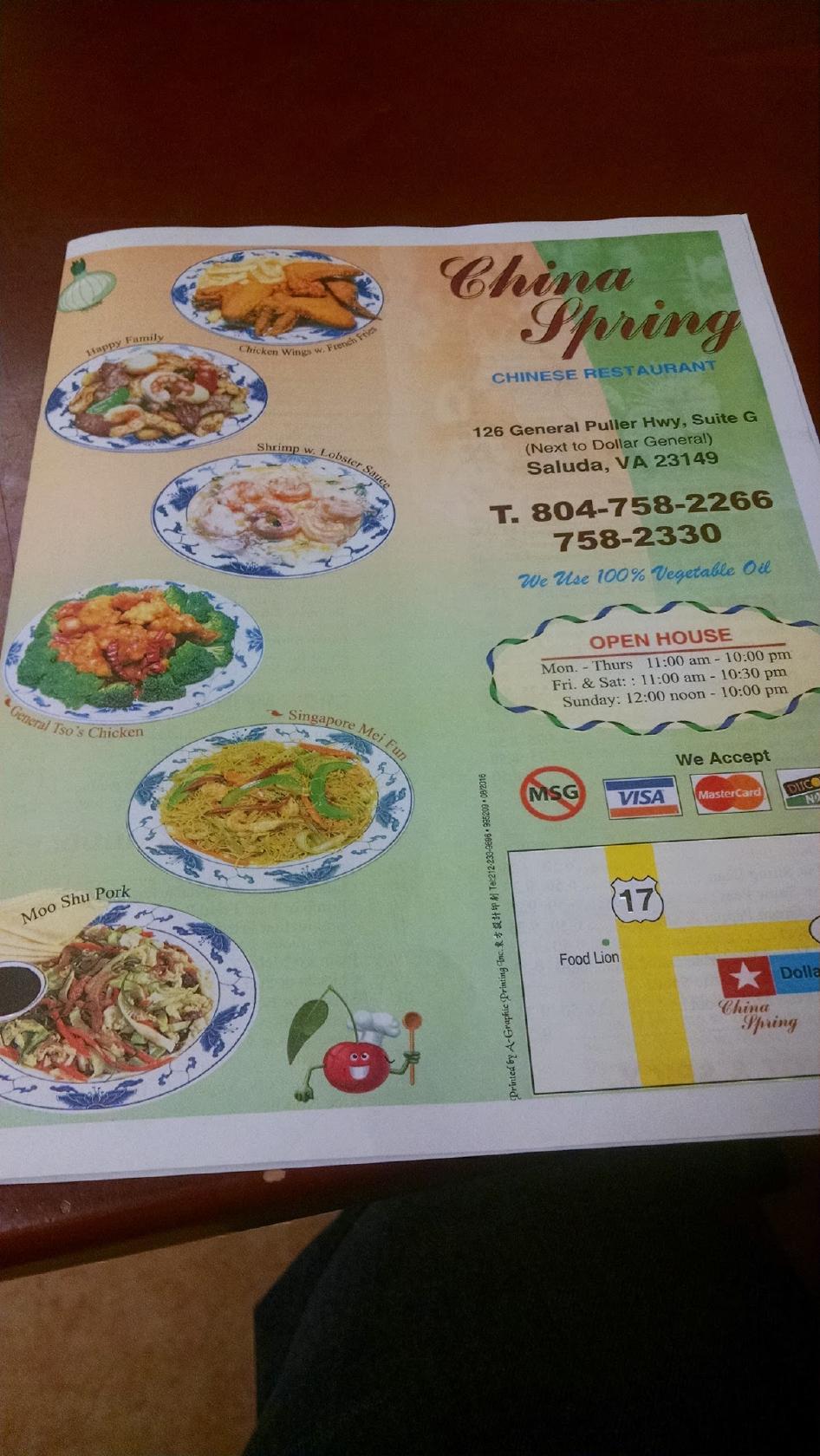 Menu at China Spring Restaurant, Saluda