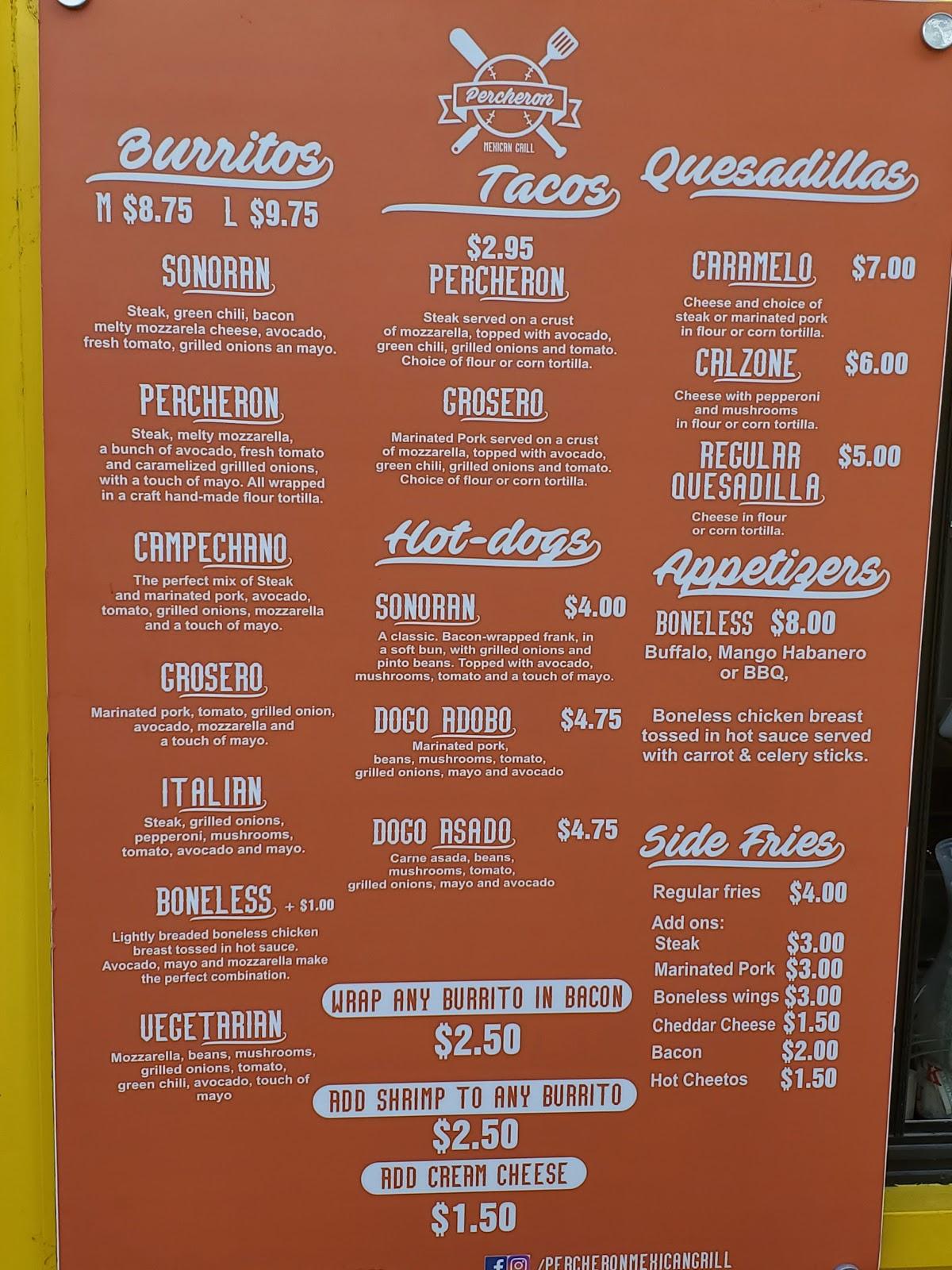 Menu at Percheron Mexican Grill restaurant, Tucson, 238 N 4th Ave