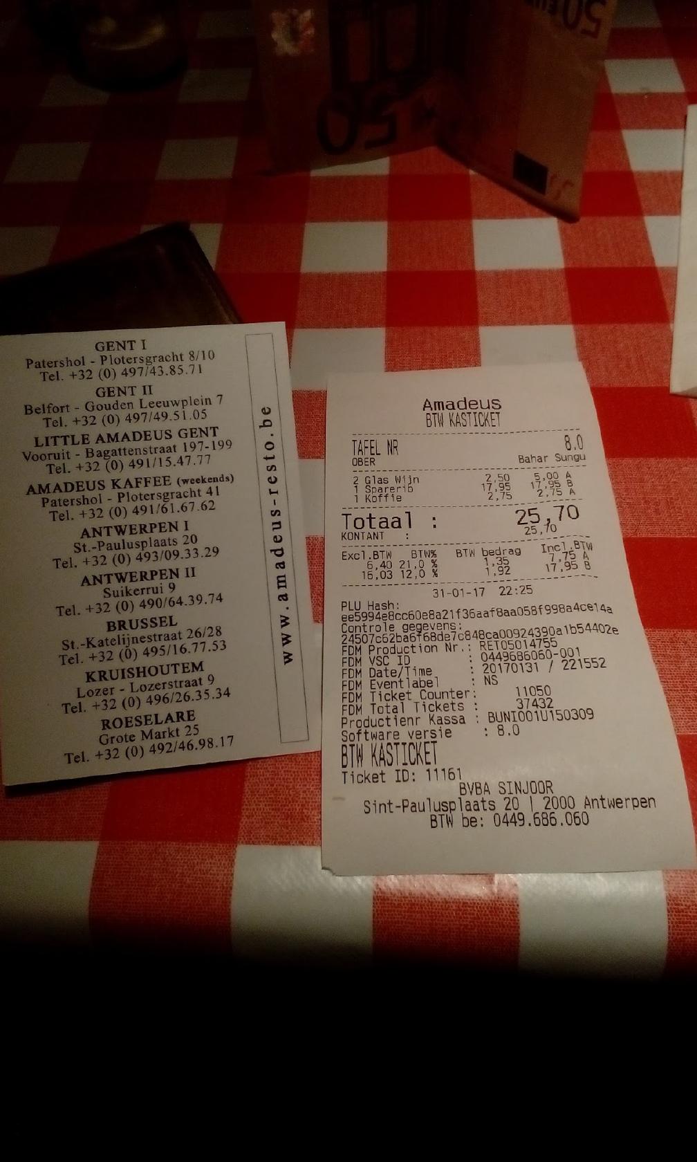 Menu at Amadeus Antwerpen 1, Antwerp, Sint-Paulusplaats 20