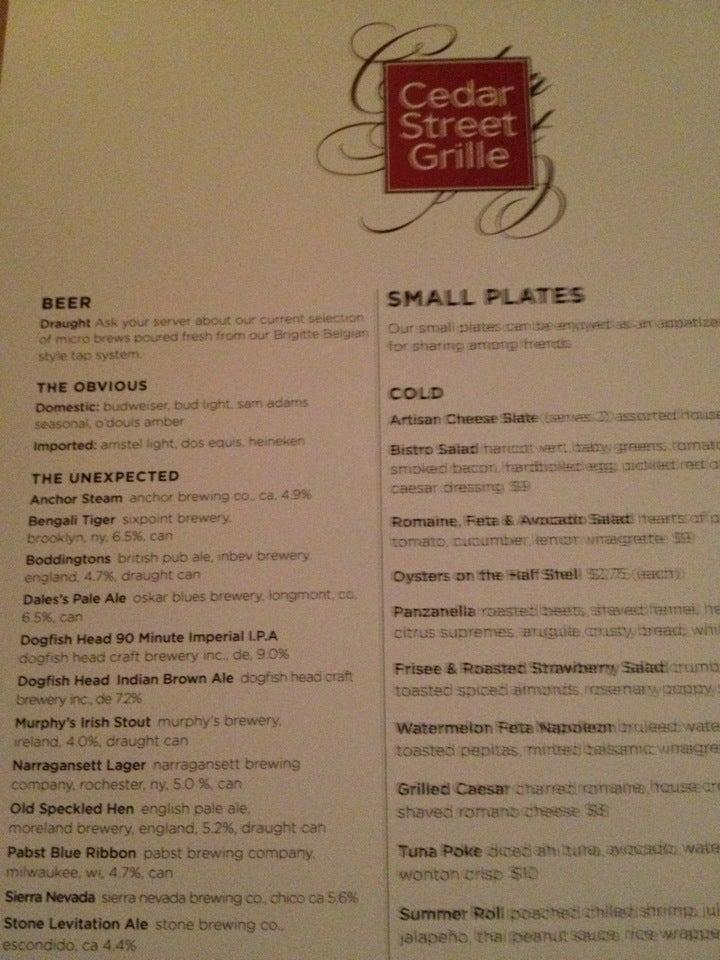 Menu at Cedar Street Grille pub & bar, Sturbridge