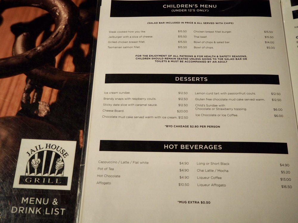 Menu at Jailhouse Grill steakhouse, Launceston, 32 Wellington St