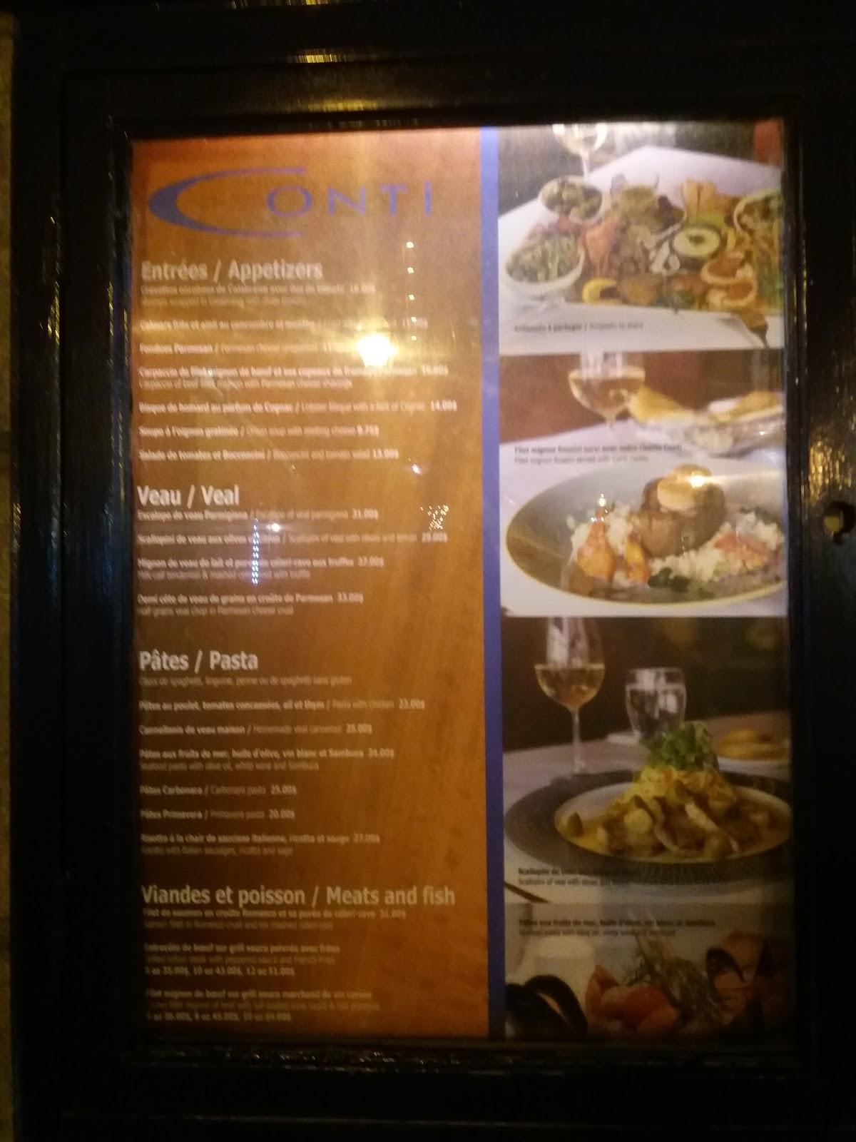 Menu au Le Continental restaurant, Québec