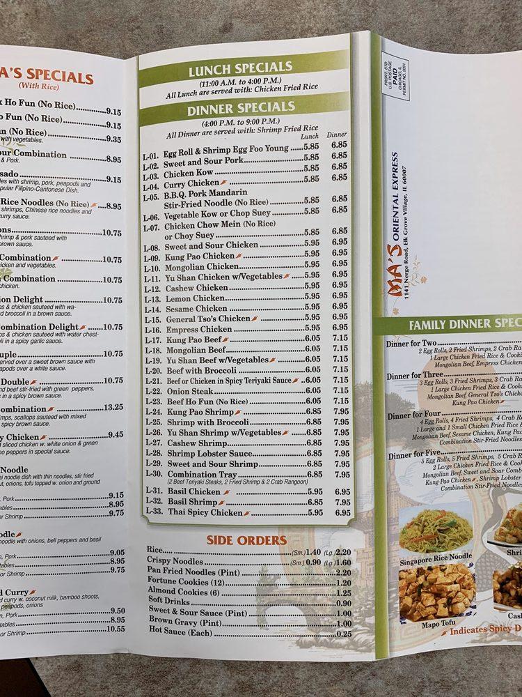 Menu at Ma's Oriental Express restaurant, Elk Grove Village