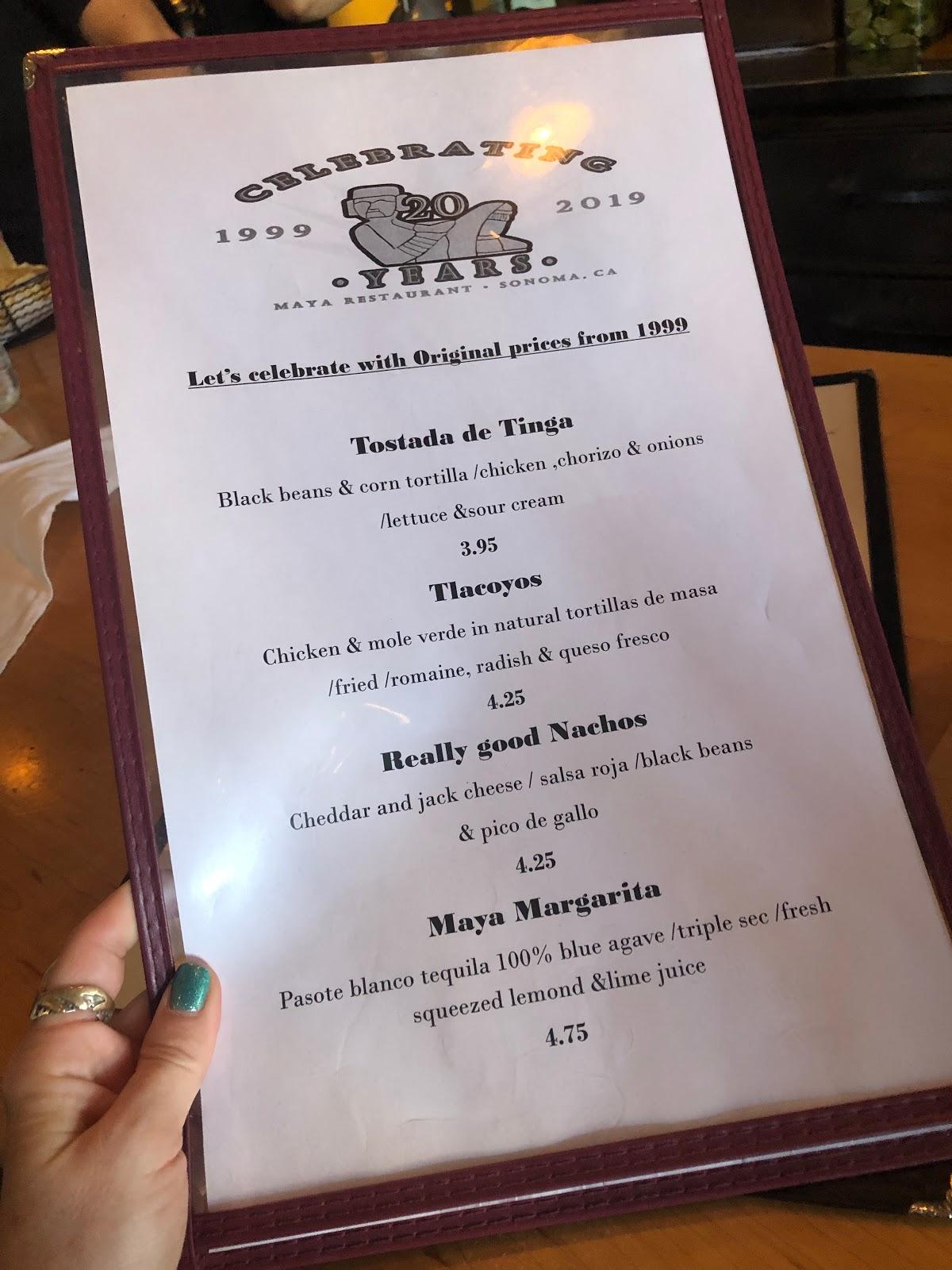 Menu at Maya Restaurant, Sonoma