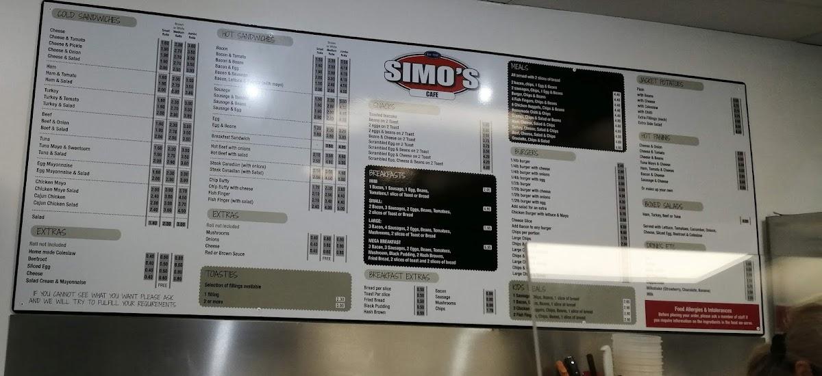 Menu at Simo's Cafe, Doncaster