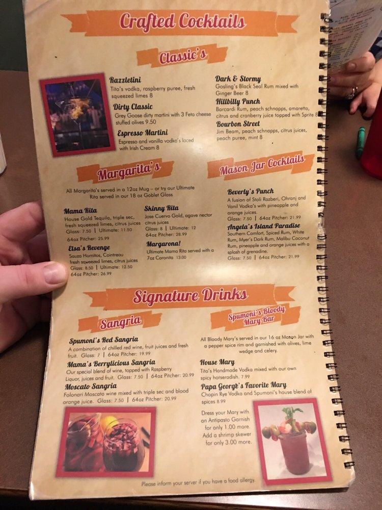 Menu at Spumoni's restaurant, Pawtucket