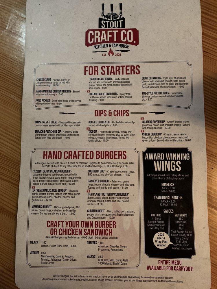 Menu at Stout Craft Co. Kitchen & Tap House pub & bar, Menomonie