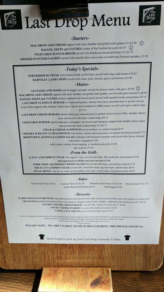 Menu at The Last Drop pub & bar, Edinburgh