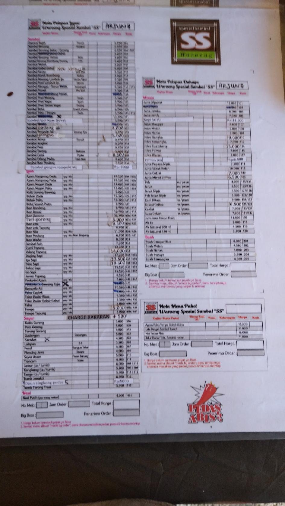 Carta del restaurante Waroeng Spesial Sambal "SS" Arjuna, Surabaya