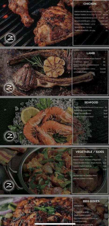 Menu at Zyka restaurant, Reading