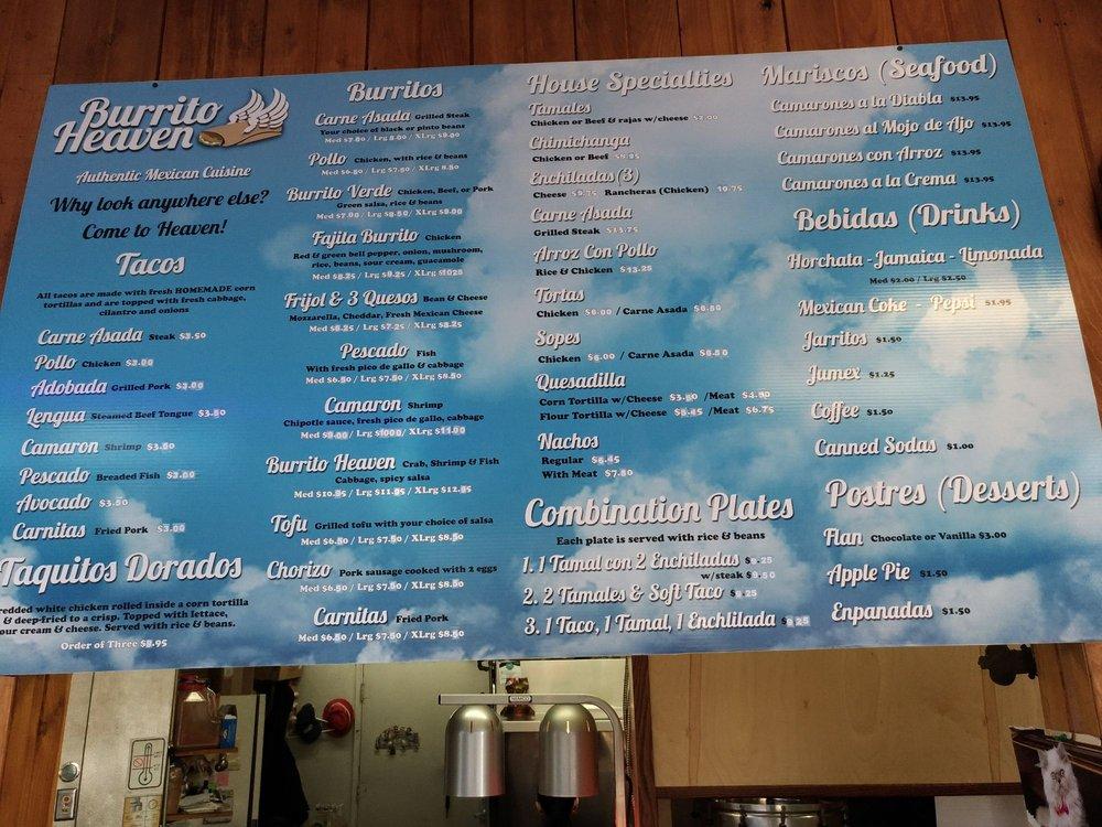 Menu at Burrito Heaven restaurant, Corvallis