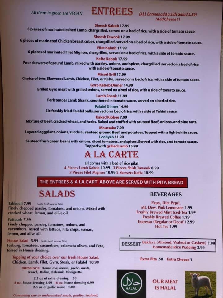 Menu at Kassab's Lebanese Cuisine restaurant, Pittsburgh