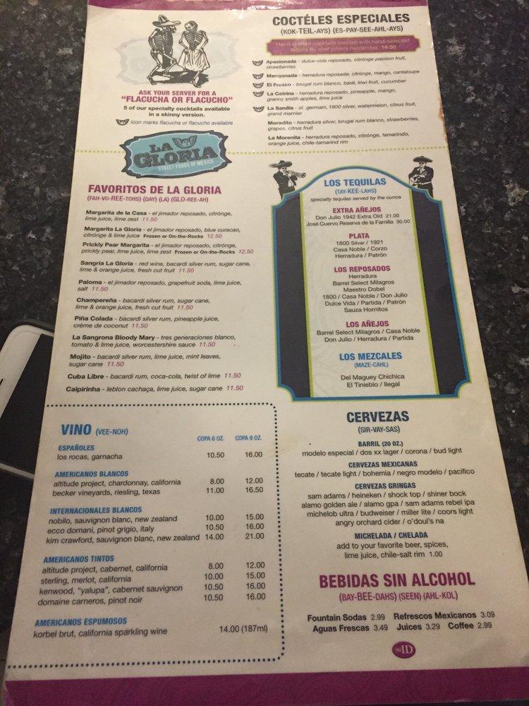 Menu at La Gloria restaurant, San Antonio, Airport Blvd