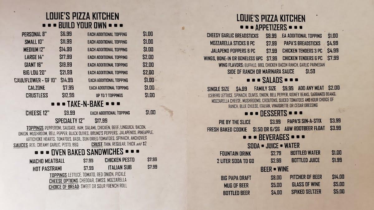 Menu at Louies Pizza Kitchen pizzeria, Copperopolis