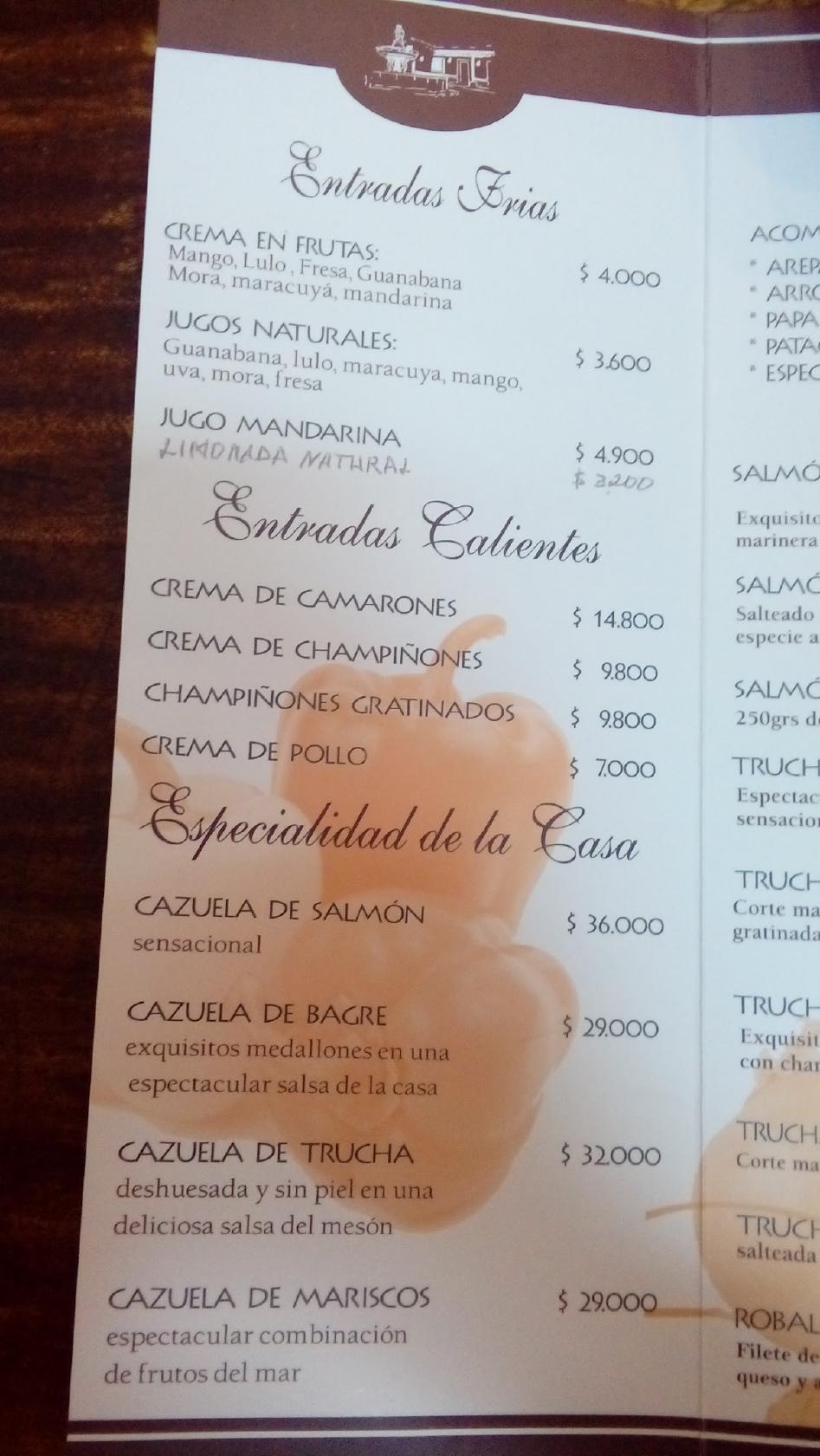 Carta de Mesón Gourmet Restaurante, Tunja