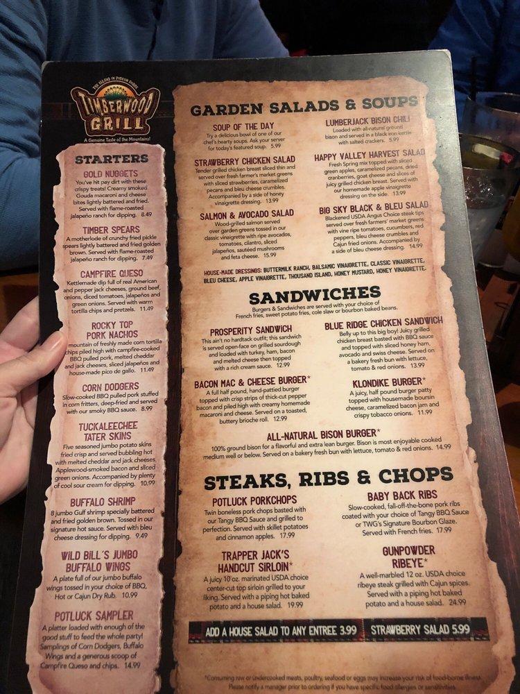 Menu at Timberwood Grill pub & bar, Pigeon Forge
