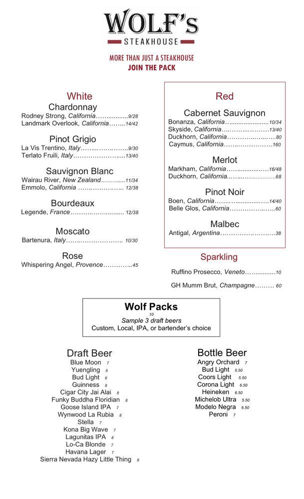 Menu at Wolf's Steakhouse, Cooper City, Stirling Rd