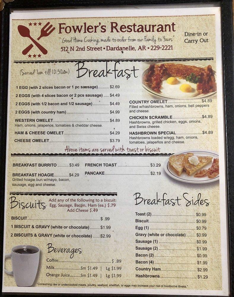 Menu at Fowlers Restaurant, Dardanelle