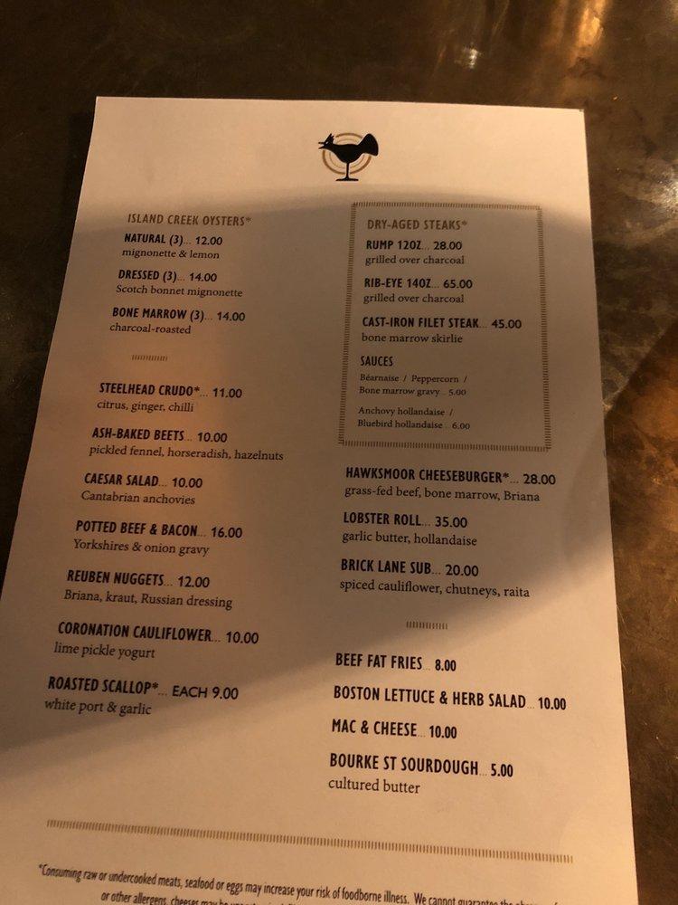 Menu at Hawksmoor NYC steakhouse, New York City