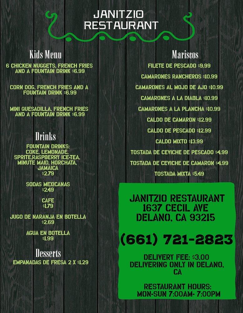 Menu at Janitzio Restaurant, Delano, Cecil Ave