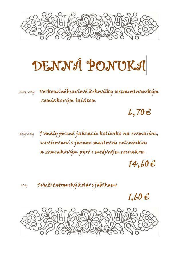 Menu at Koliba Žerucha restaurant, Štrba