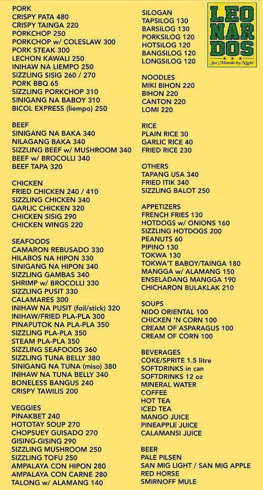 Menu at Leonardo's pub & bar, Antipolo