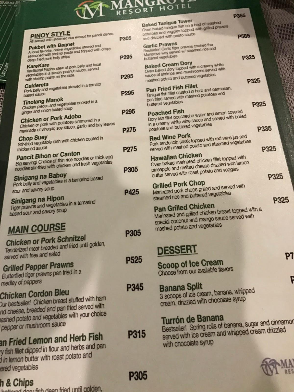 Menu at Mangrove Restaurant, Olongapo