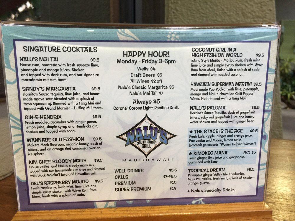 Menu at Nalu's South Shore Grill pub & bar, Kihei