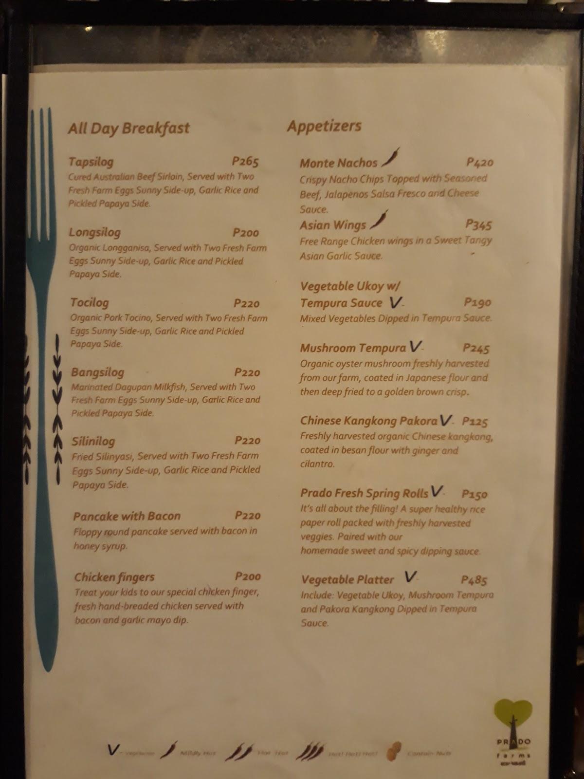 Menu at Prado Cafe, Lubao