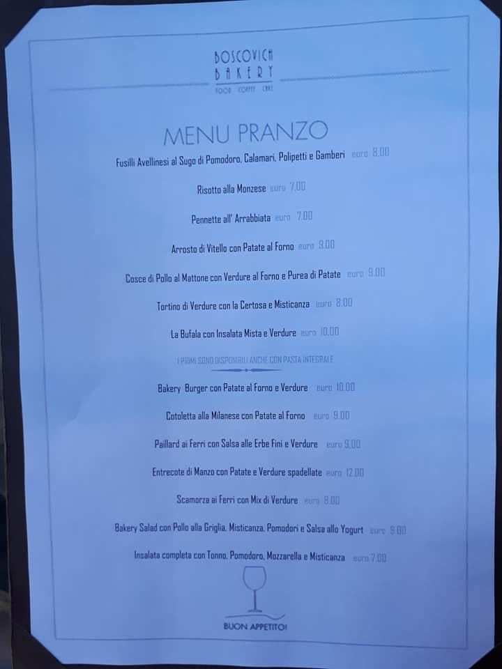 Menu at Boscovich Bistro cafeteria, Milan