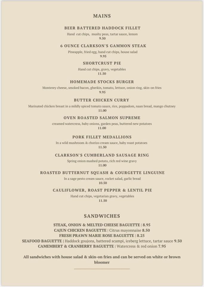 Menu at Stocks Tavern pub & bar, Up Holland