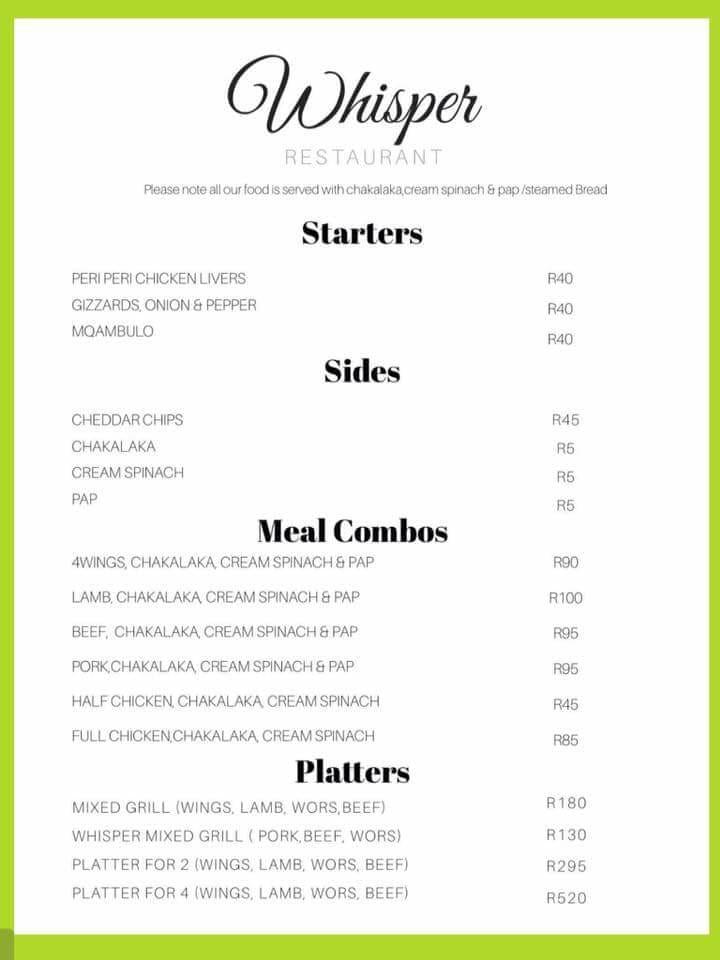 Menu at Whisper Restaurant, East London